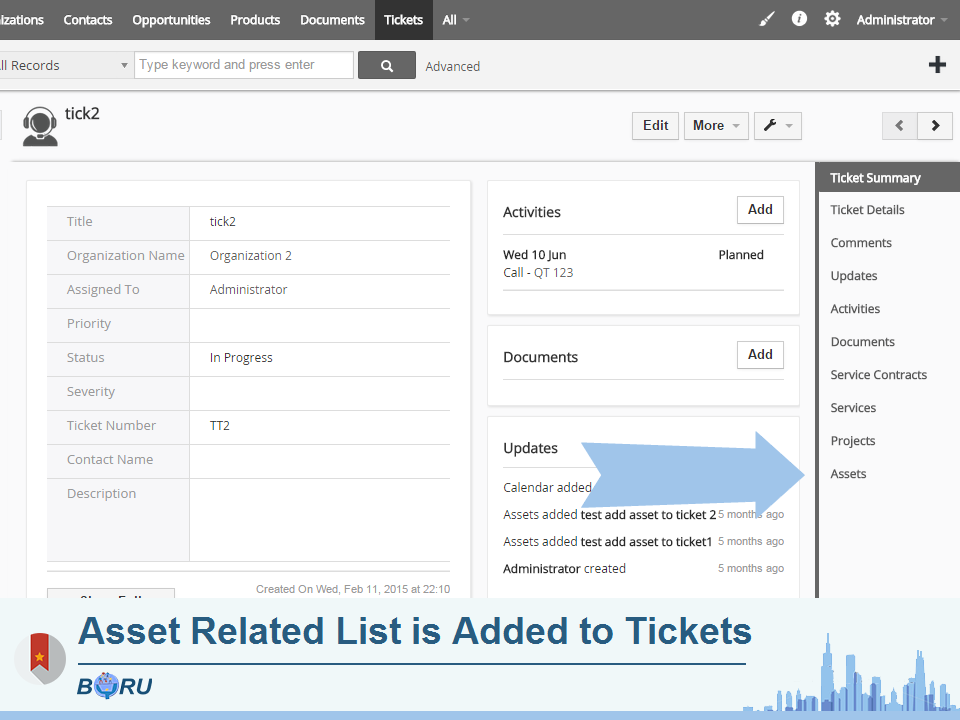 Click to Add an Asset to a Ticket in Vtiger - Boru Apps